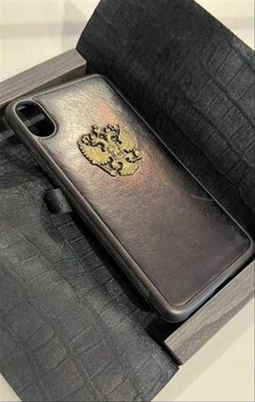 Чехол на iPhone XS max (кожа, герб России )