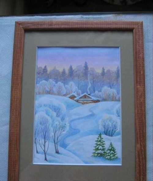 Картина акварелью "Избушка в зимнем лесу."