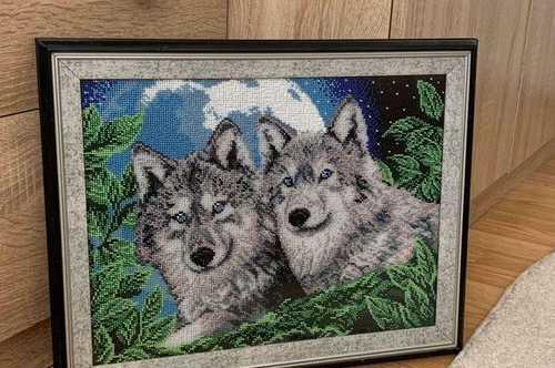 Вышивка бисером, ручная работа "Волки лунной ночью