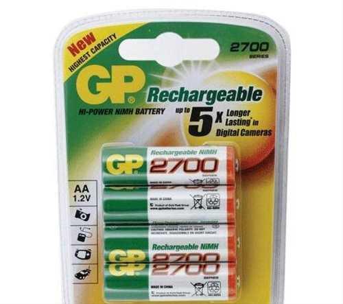 Набор батареек аккумуляторных "GP AA(R06)", 4 штуки, емкость 2700 мАч, 300 циклов перезагрузки, 1,2 В