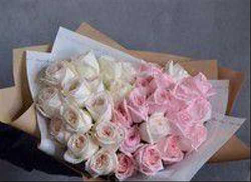 Букет из 35 пионовидных роз White O'Hara и Pink O'