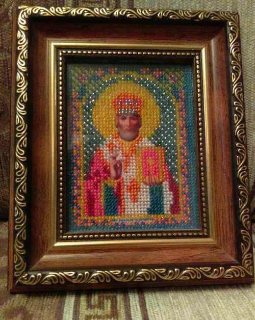 Икона "Николай Чудотворец" вышивка бисером, рама 1