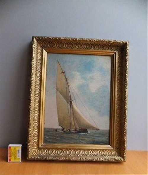 Старинная Картина Парусник в Море 1914 год