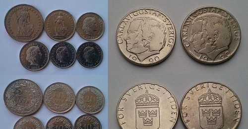Швейцария 6 монет / Швеция, 2 х 1 Крона 1990
