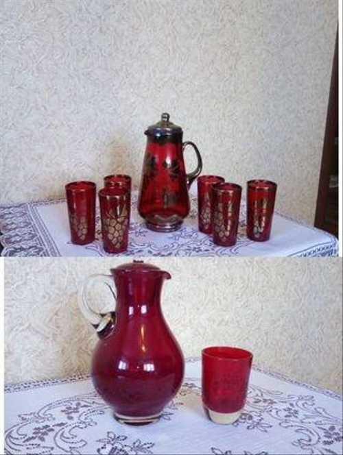 Кувшин бокалы красное рубиновое стекло СССР винтаж
