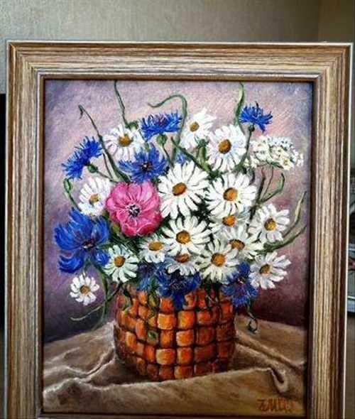 Картина маслом на холсте цветы "Корзина ромашек"