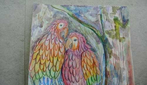Картина «Попугаи»- рисунок птиц акварелью