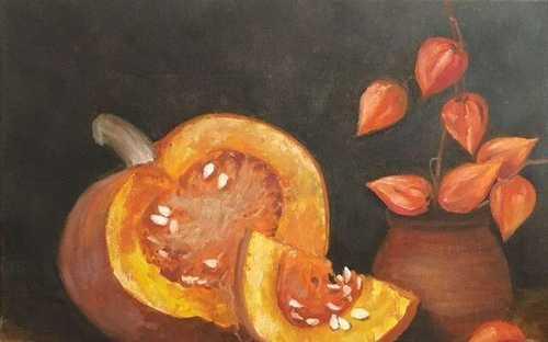 Картина "Осенний натюрморт. Физалис и тыква"