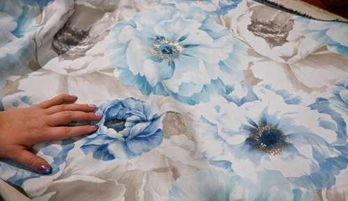 Шторы блэкаут печать белые с синим цветы,300см/др