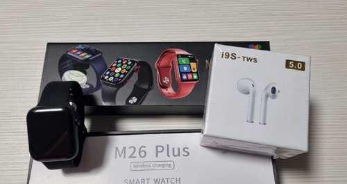 Наушники I9 и часы Smart watch M26+ (черные)