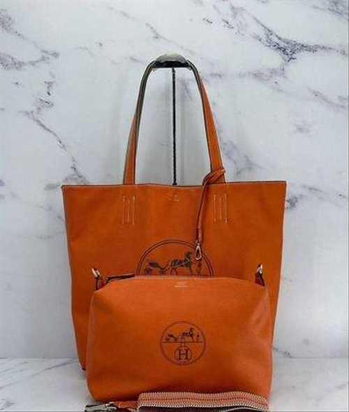 Женская кожаная сумка шоппер Hermes рыжая новая