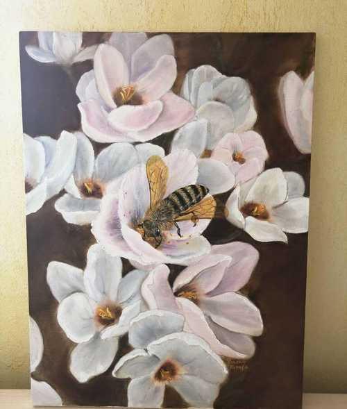 Большие цветы картина маслом розовые пчела крокусы