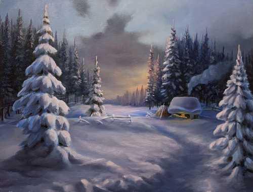 Картина маслом «вечер в зимнем лесу»