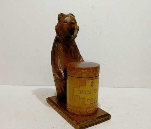Банка для меда Медведь с бочонком дерево резьба