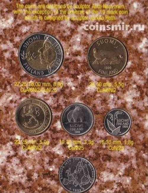 Набор из 5 монет и жетона 1999 Финляндия. Буклет