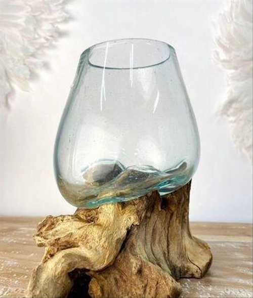 Аквариум на деревянной подставке/ ваза стеклянная