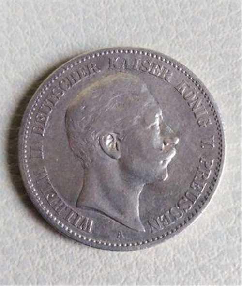 Монета 2 марки 1898 г. Пруссия Вильгельм 2 серебро