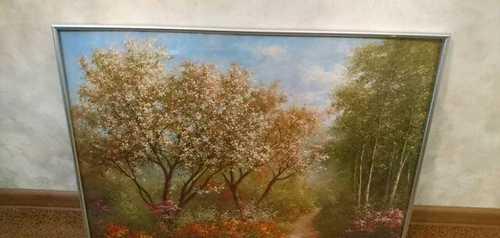 Картины, Пейзажи, сакура, яблоки, река, цветы