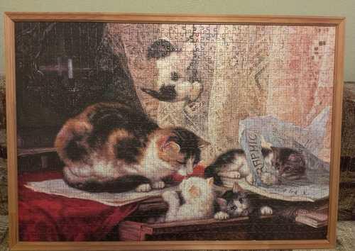 Картина кошка с котятами из мозаики