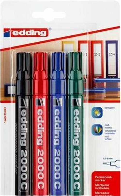 Набор маркеров перманентных edding 4 цвета, 1,5-3 мм, металлический корпус, блистер