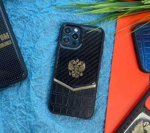 Чехол на iPhone 12 / 12 Pro с гербом России кожа к