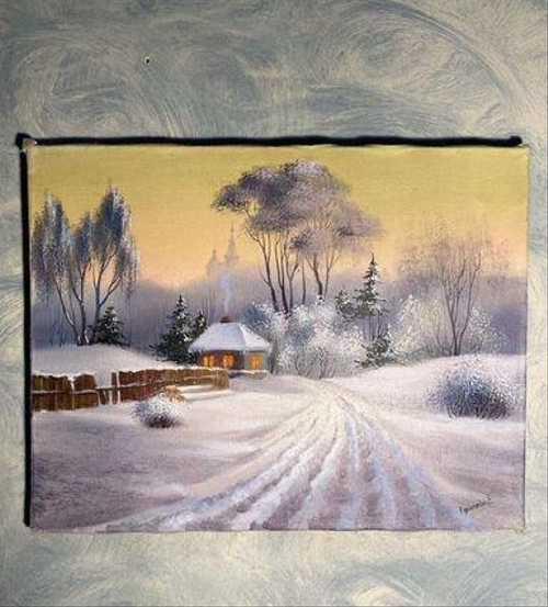 Картина маслом на холсте. Зима.Домик в деревне
