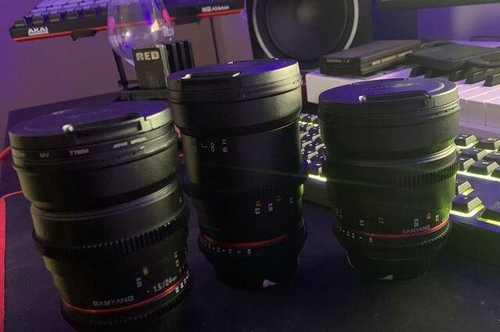 Samyang 16mm t2.2, 24mm t1.5, 35mm t1.5