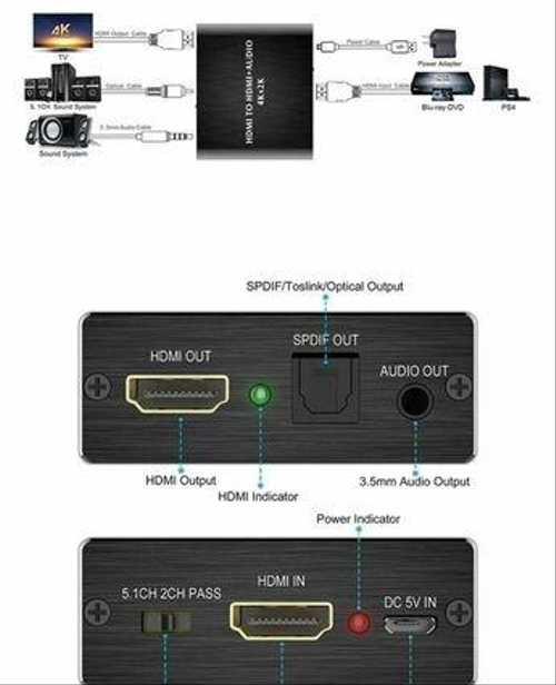 Hdmi преобразователь Оптический Toslink 2 канала а