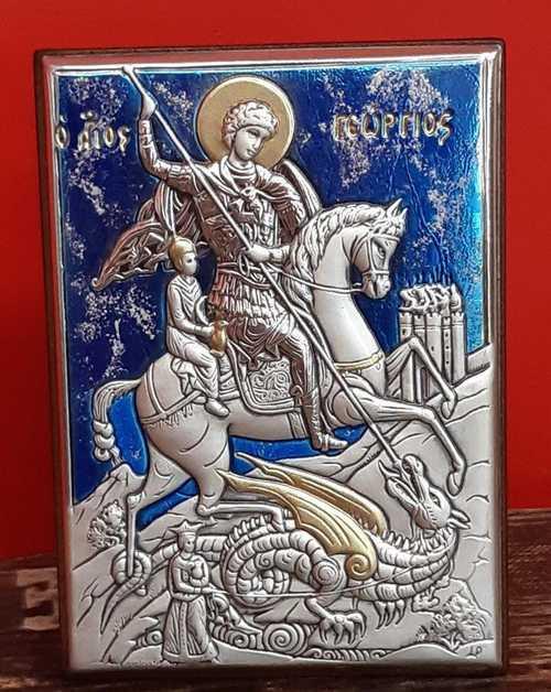 Икона Георгий Победоносец, 10 Х 7 см, серебро, эма