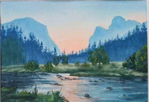 Картина акварель ручная работа Голубые горы