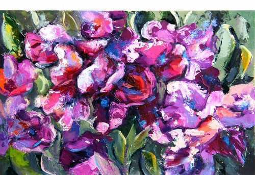 Картины с цветами Ирисы фиолетовые в пейзаже