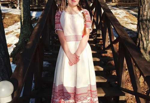 Платье льняное Макошь с коротким рукавом белое 2 т