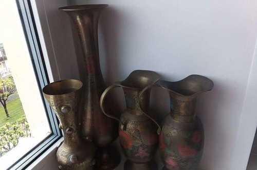 4 вазы, Индия, латунь, самоцветы СССР