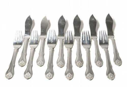 Цельносеребряные рыбные вилки и ножи, 12 предметов
