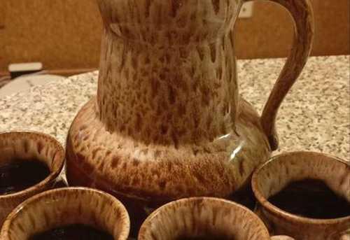 Гжель. Глиняный кувшин Сова и 4 чашки
