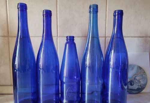 Бутылки из синего стекла, хрусталь,посуда Дулёво