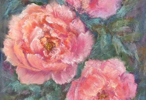Картина сухой пастелью цветы Пионы