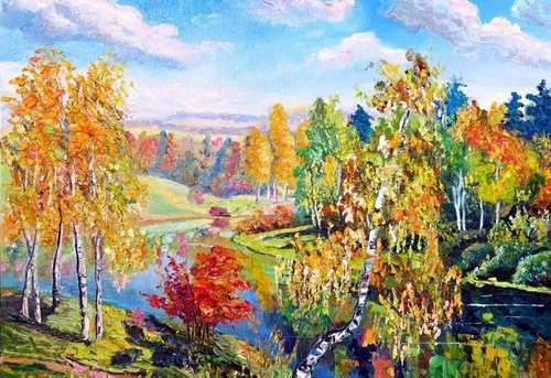 Картина Золотая осень пейзаж с рекой березой масло