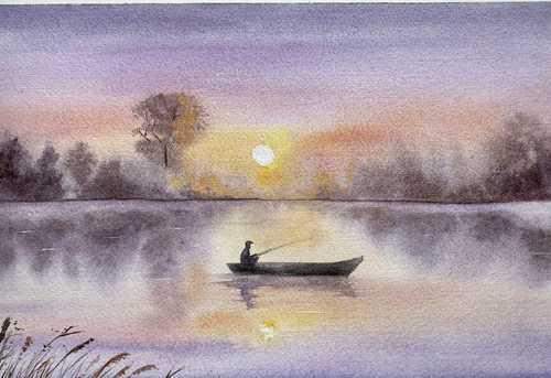 Картина акварелью "Вечер на рыбалке"