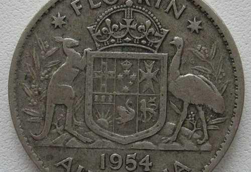 Монета Австралии 1 флорин 1954г, серебро