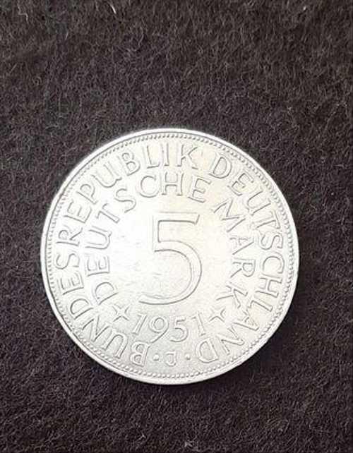 5 м. Германии. серебро. фрг 1951 J