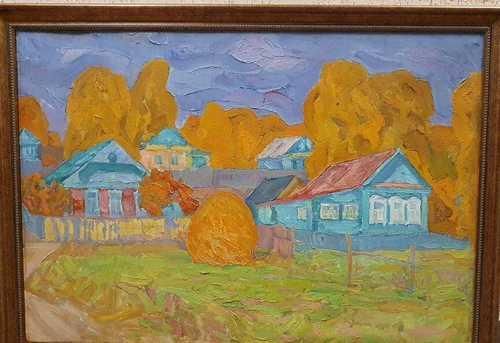 Картина маслом "Осень в деревне", 69*100см