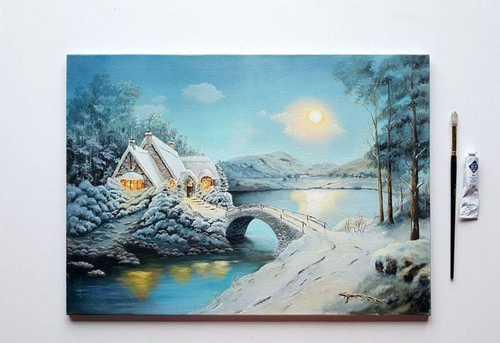Картина маслом зимний пейзаж, копия Томас Кинкейд