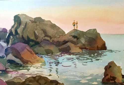 Акварельная картина, живопись "Закат на берегу"
