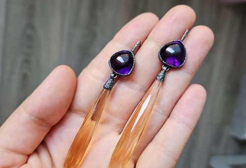 Серебряные серьги с цитрином и аметистом