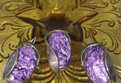 Серебряные серьги и подвес с кабошонами чароита