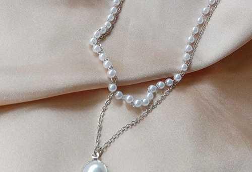 Легкое жемчужное ожерелье с серебристой цепочкой