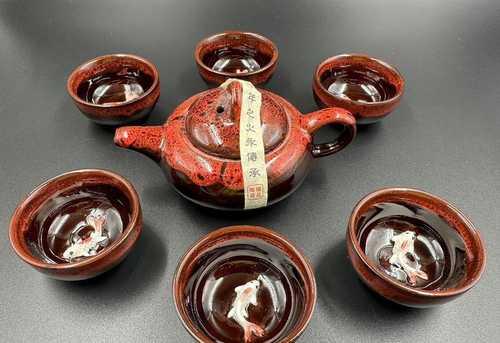 Китайский чайный сервиз "Карпы", керамика, красный