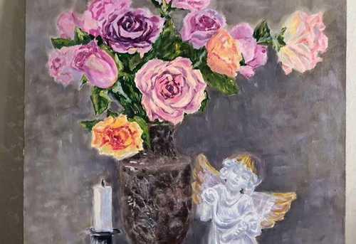 Картина маслом натюрморт с розами и ангелом
