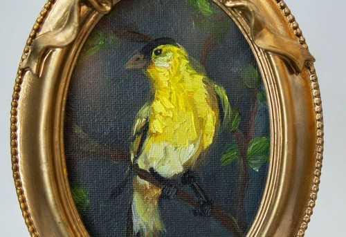 Желтая птица картина маслом в овальной раме